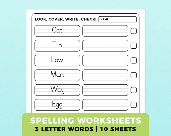 Printable Spelling Worksheets for Kids | 3 Letter Words: 10 Look Cover ...