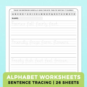 Printable Alphabet Worksheets for Kids | Sentence Tracing: 26 Sheets of ...