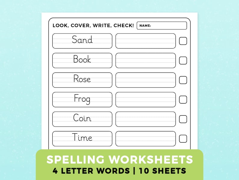Printable Spelling Worksheets for Kids | 4 Letter Words: 10 Look Cover ...