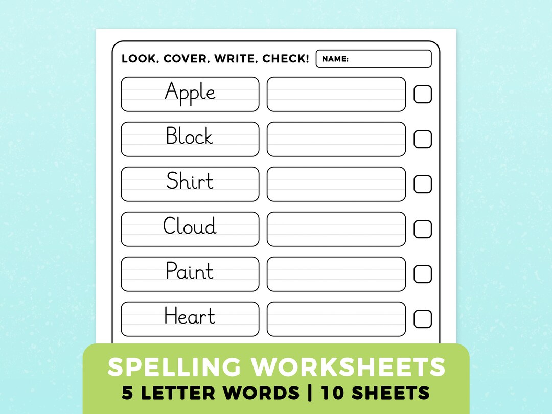 Printable Spelling Worksheets for Kids | 5 Letter Words: 10 Look Cover ...