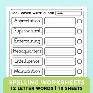 Printable Spelling Worksheets for Kids | 12 Letter Words: 10 Look Cover ...