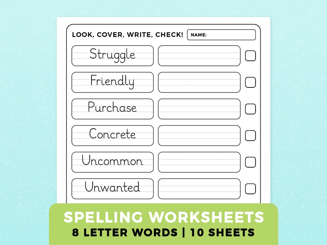 Printable Spelling Worksheets for Kids | 8 Letter Words: 10 Look Cover ...