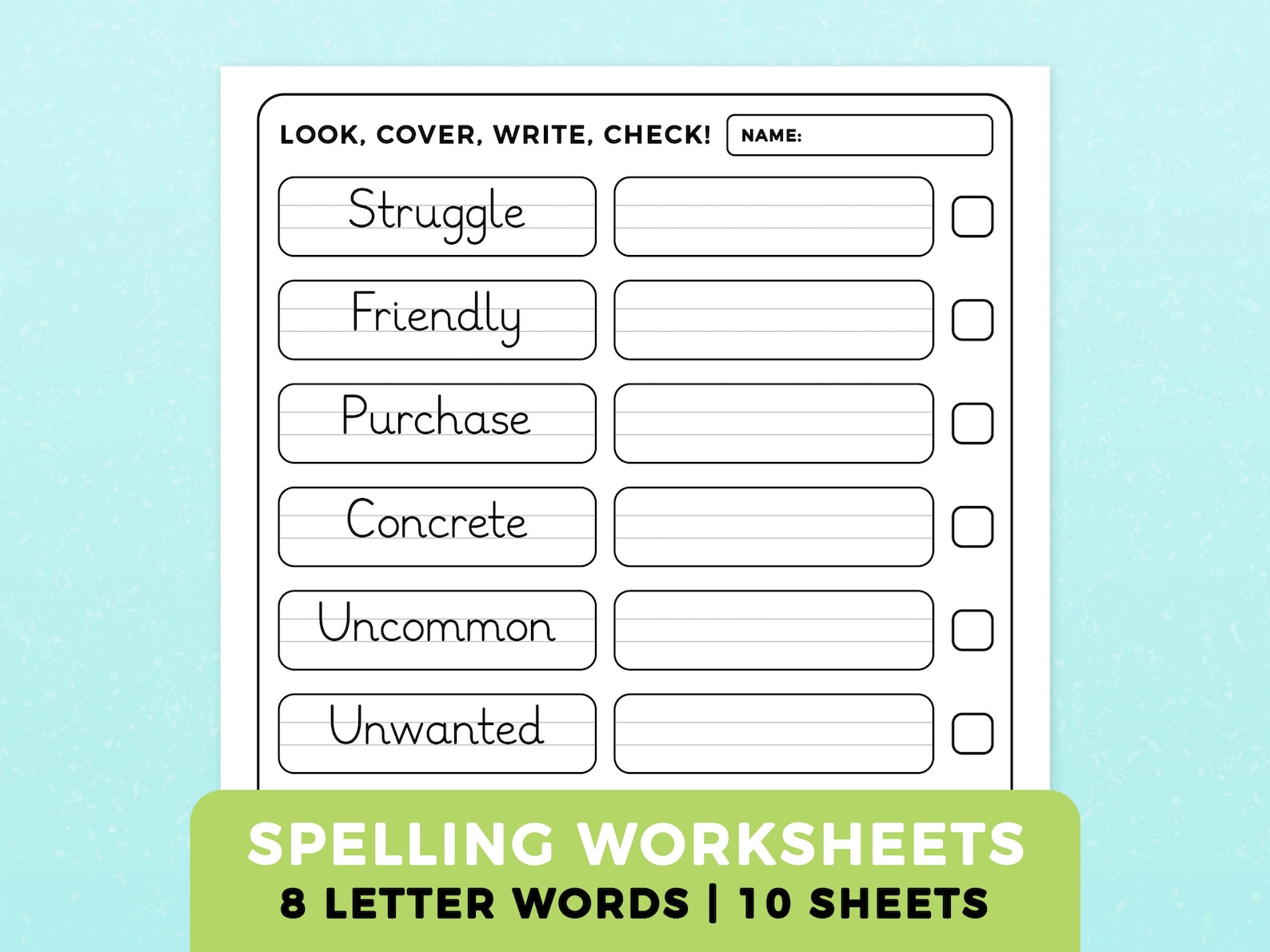 Printable Spelling Worksheets for Kids | 8 Letter Words: 10 Look Cover ...