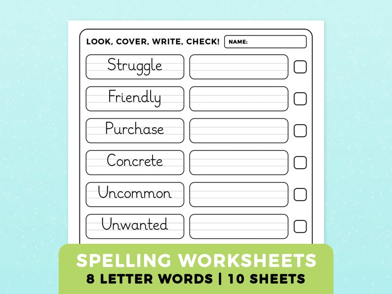 Printable Spelling Worksheets for Kids | 8 Letter Words: 10 Look Cover ...