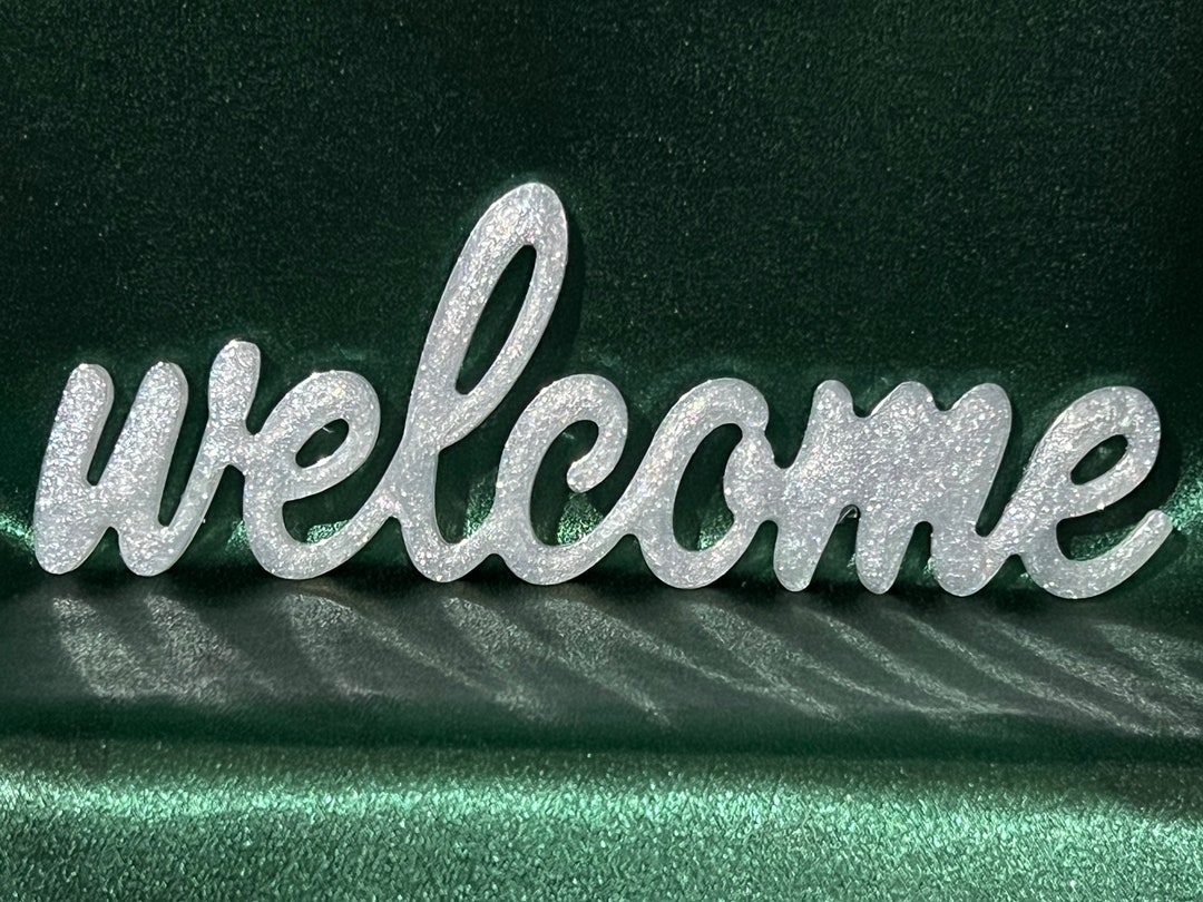 Welcome Sign Shimmery Silver Cursive Lettering Free Standing Wall ...