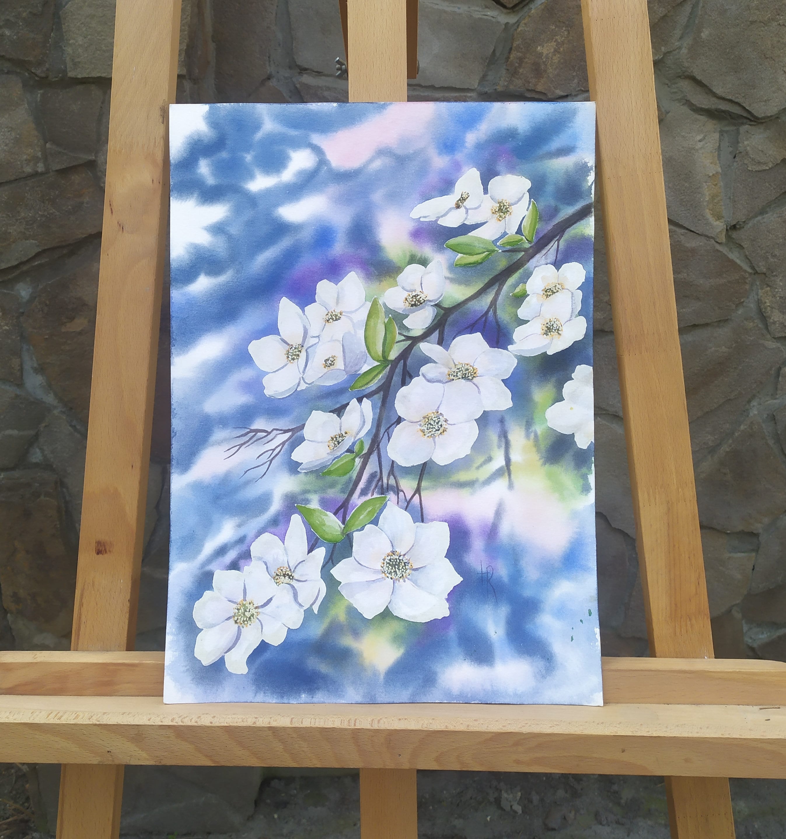 White Spring Flowers, Watercolor Painting, Handmade Artwork, Spring Art ...
