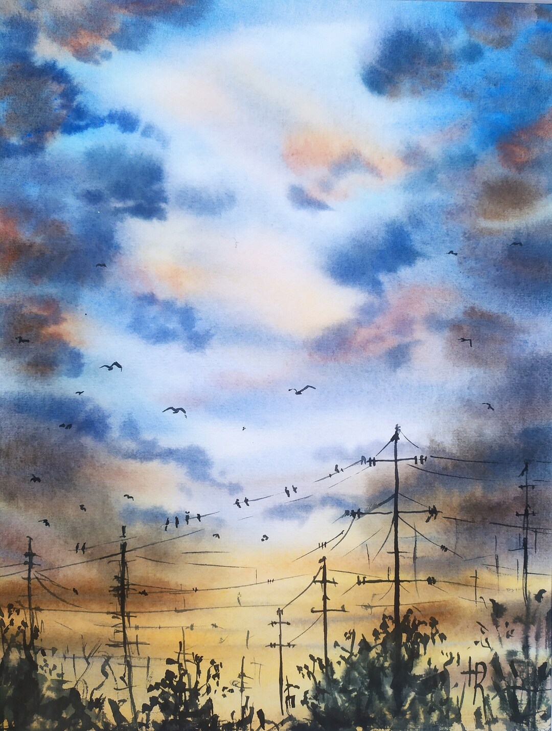 Blue Sky Painting, Original Watercolor Art, Hand Made Item, Wild Nature ...