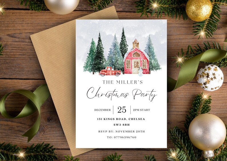 Editable Christmas Party Invitation | Watercolor Holiday Barn Snow ...