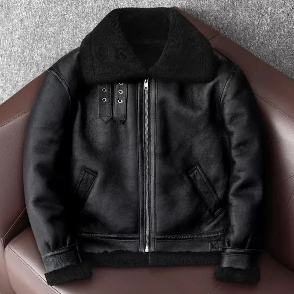 Leather Black Jacket Sheep Skin Winter Blocker Fur Lining Bomber Coat ...