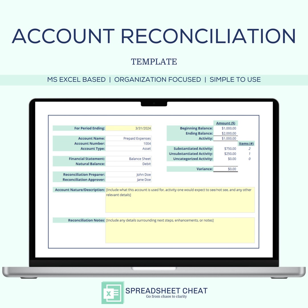Account Reconciliation Template: MS Excel Spreadsheet (digital Download) - Etsy
