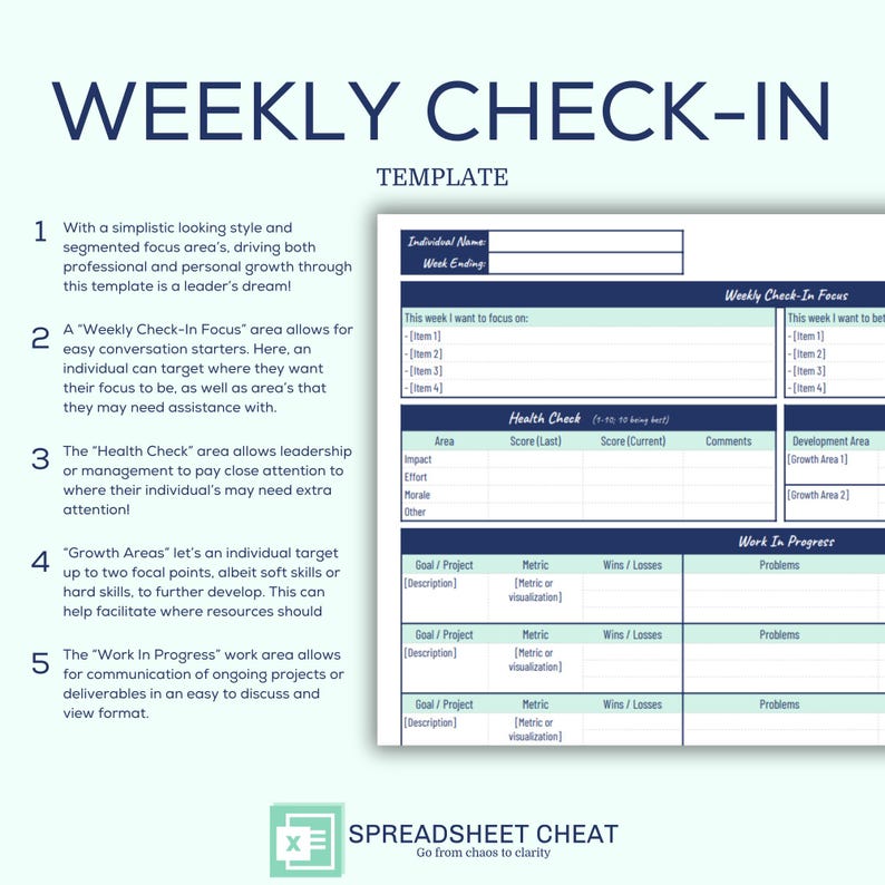 Weekly Team Check-in Template: Leadership Excel Spreadsheet (digital ...