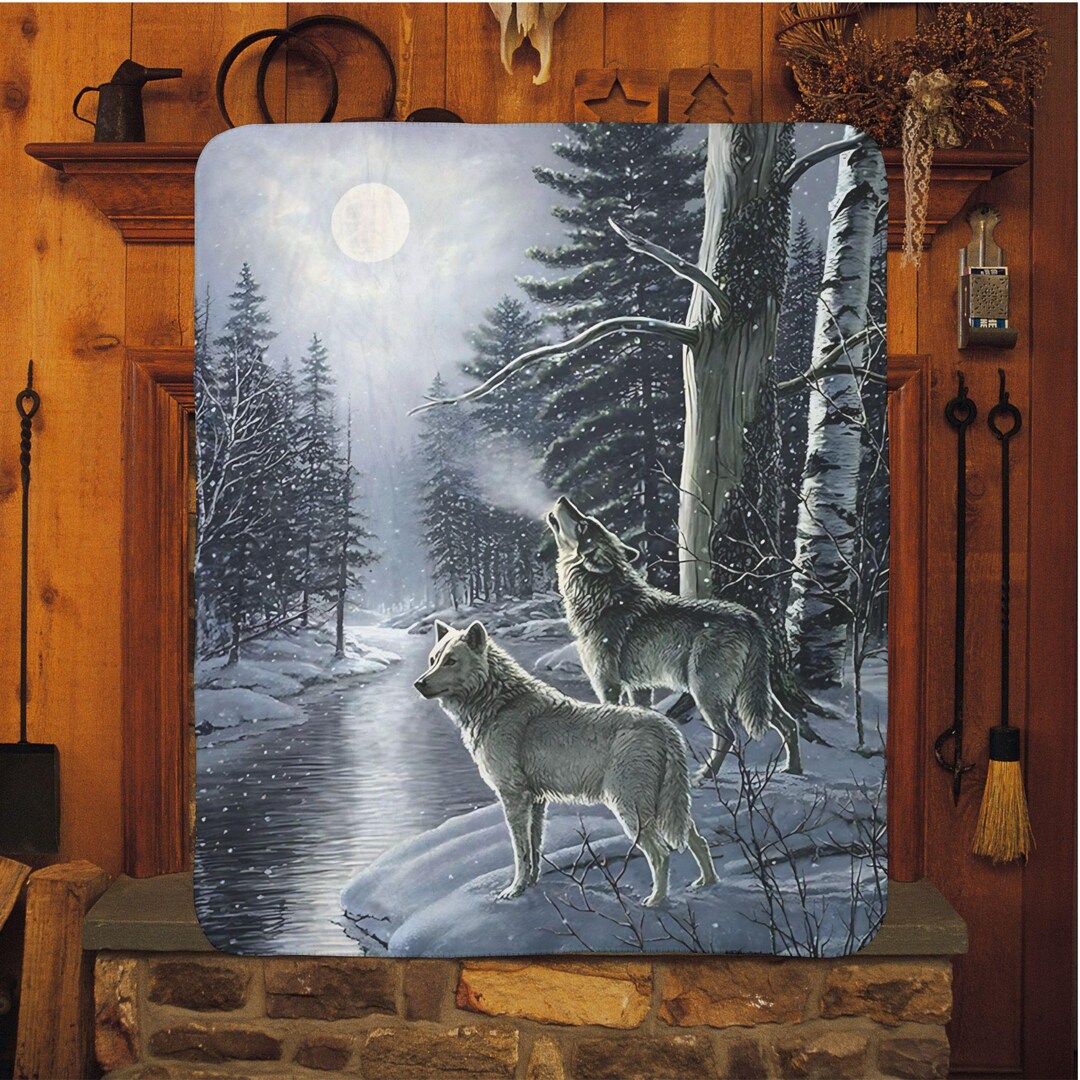 Sherpa Blanket, Wolf Moon Howling Forest River Winter, Wolves Fleece ...