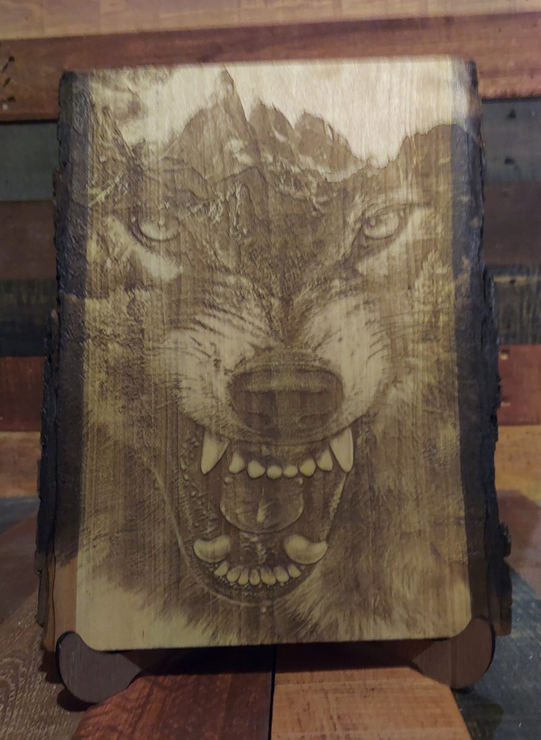 Laser Engraved Wolf Decor: Live Edge Mountain Scene - Etsy
