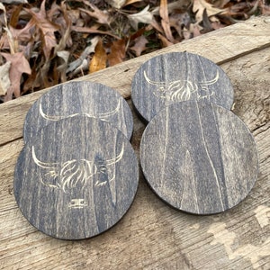 Highland Cow Wooden Coaster Set - Etsy