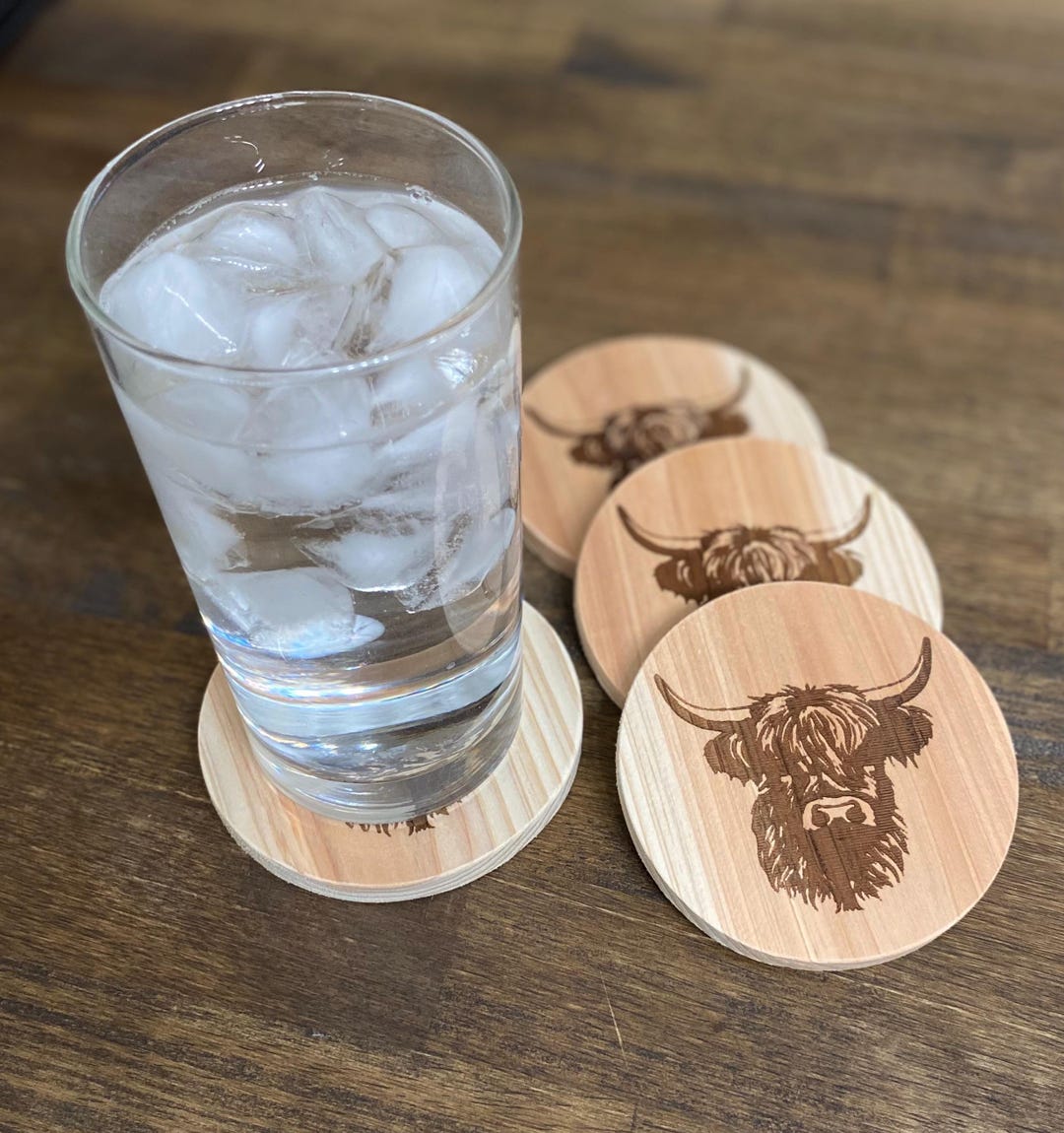 Highland Cow Coasters - Handmade Wooden Drink Coasters Set - Engraved ...