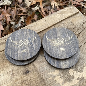 Highland Cow Wooden Coaster Set - Etsy