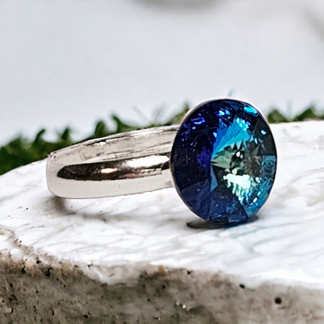 Swarovski Blue Crystal Ring . Sterling Silver . Blue Ring . Adjustable ...