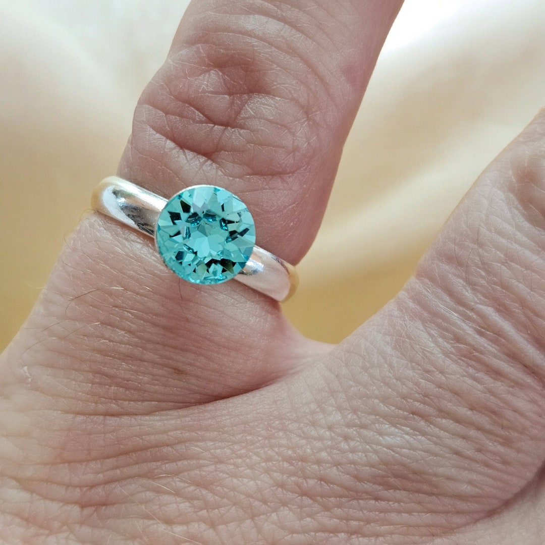 Swarovski Crystal Ring . Sterling Silver . Aquamarine Blue . Adjustable ...