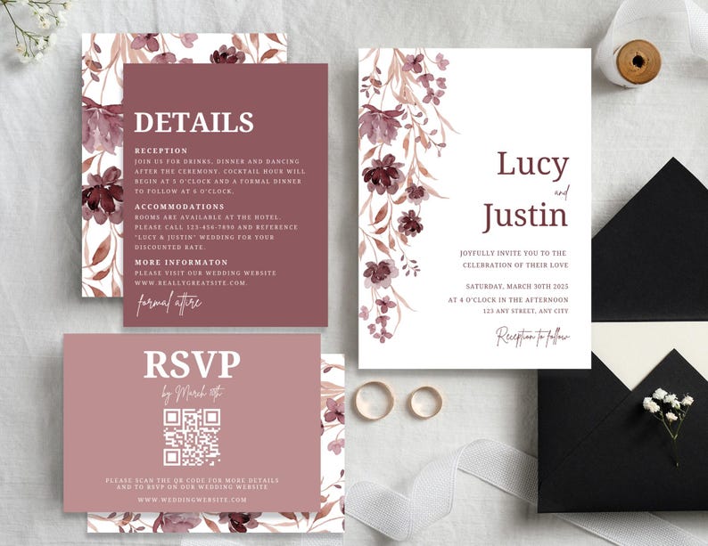 Mauve Floral Wedding Invitation Suite Template | Watercolor Wildflower Wedding Anouncment ...