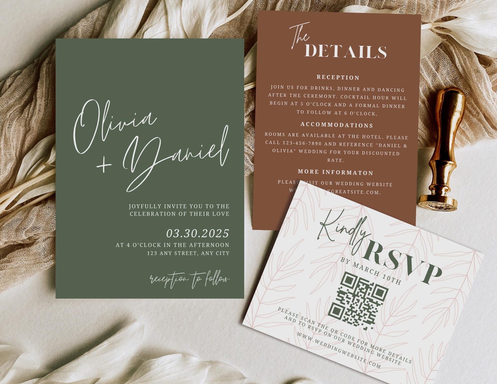Terracotta Boho Wedding Invitation Suite Template | Burnt Orange Sage ...