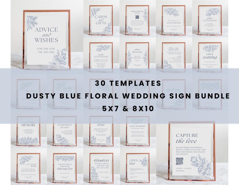 Dusty Blue Floral Wedding Sign Template Bundle (5x7 & 8x10) - Editable ...
