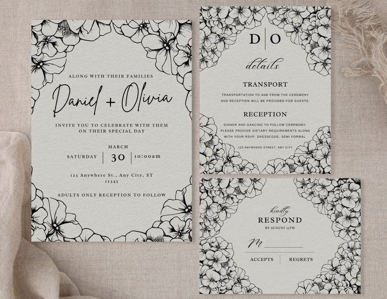 Minimal Black Wedding Invitation Minimalist Invite Editable Invitation Template Details RSVP ...
