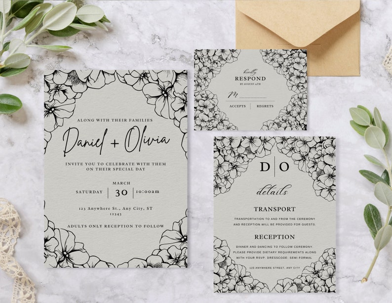 Minimal Black Wedding Invitation Minimalist Invite Editable Invitation Template Details RSVP ...