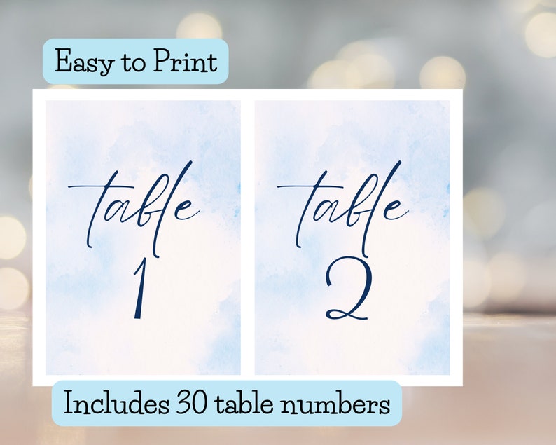 INSTANT DOWNLOAD Printable Blue Watercolor Table Numbers- Wedding ...