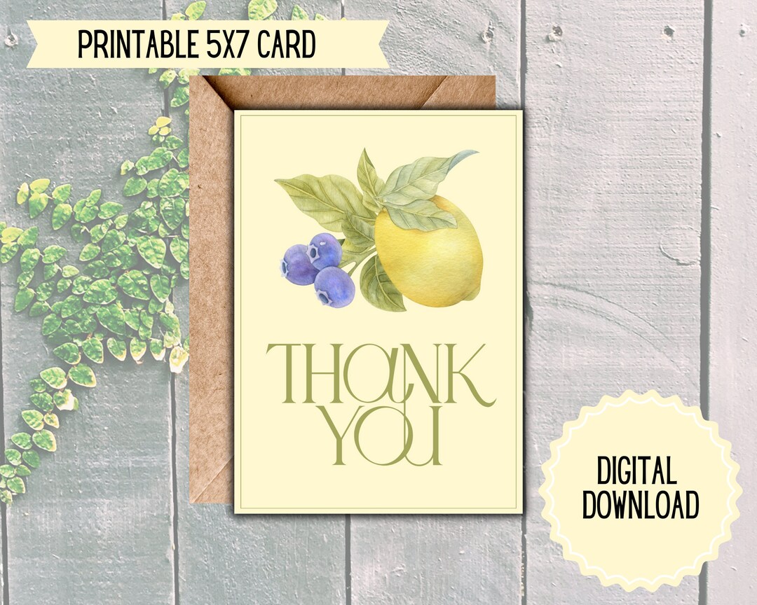 INSTANT DOWNLOAD Lemon Thank You Card- Lemon Blueberry Card- Thank You ...