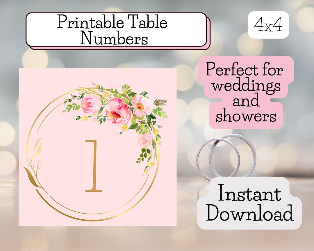 INSTANT DOWNLOAD Printable Pink Gold Floral Table Numbers- Wedding- Bridal Shower- .PDF Table ...