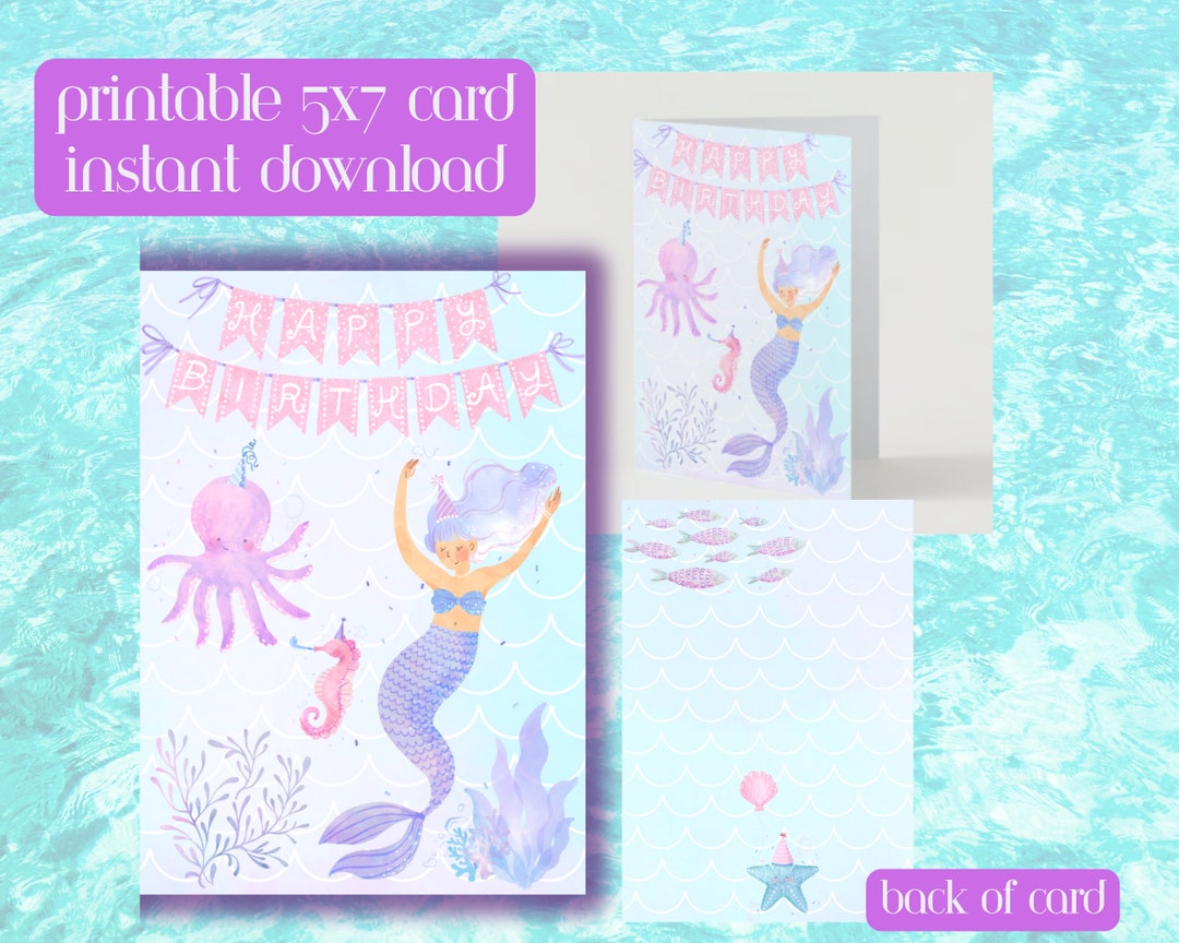 Digital Mermaid Birthday Card Instant Download Mermaid Birthday Card ...