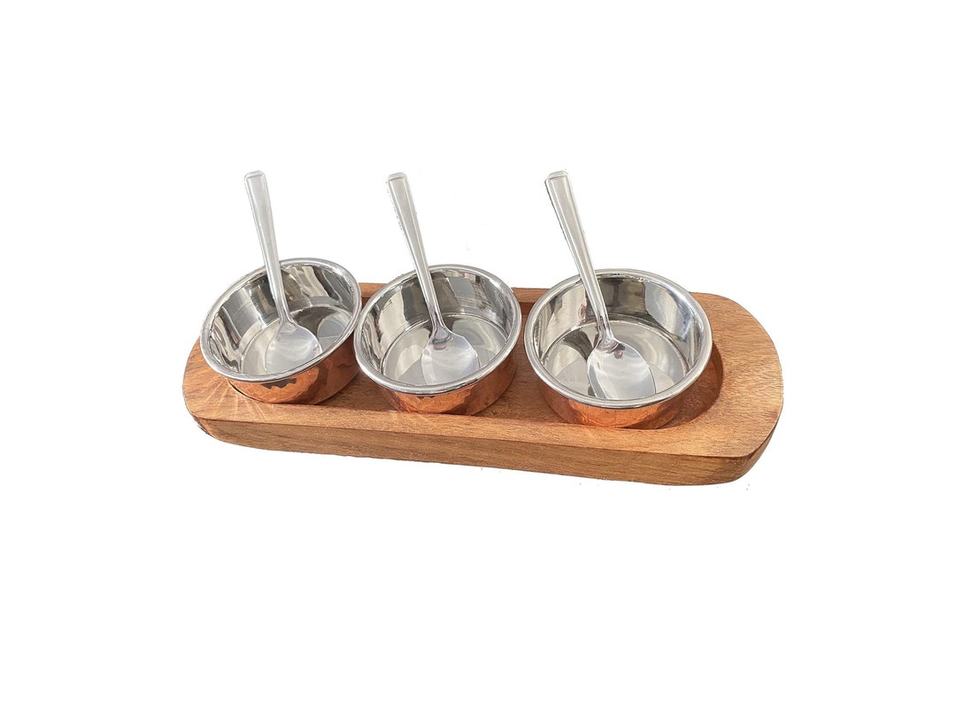 Copper Chutney Tray With Solid Wood Base Stainless Steel Copper 3 Pot ...