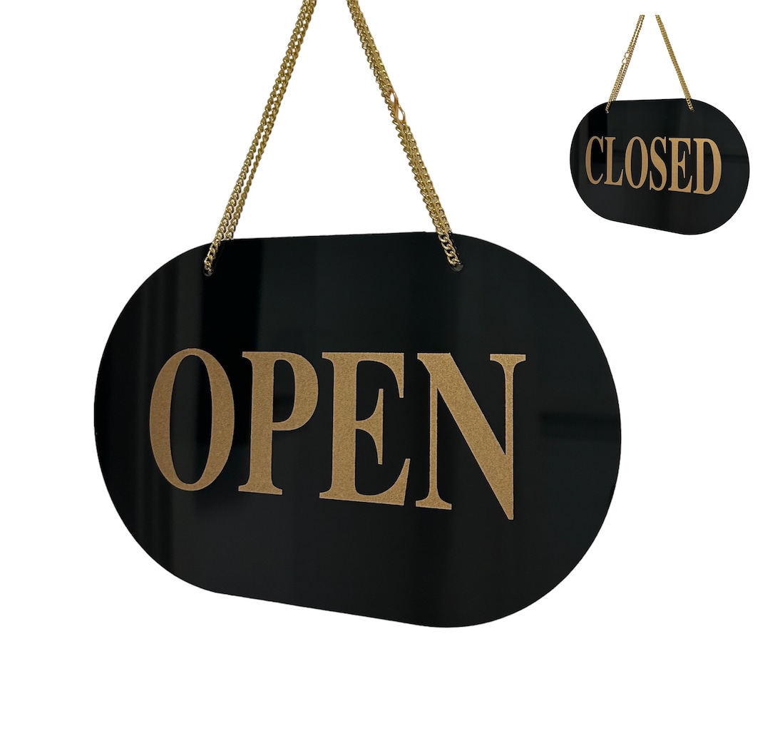 Open Closed Door Sign With Chain & Suction Rigid 3mm Black Silver Gold ...