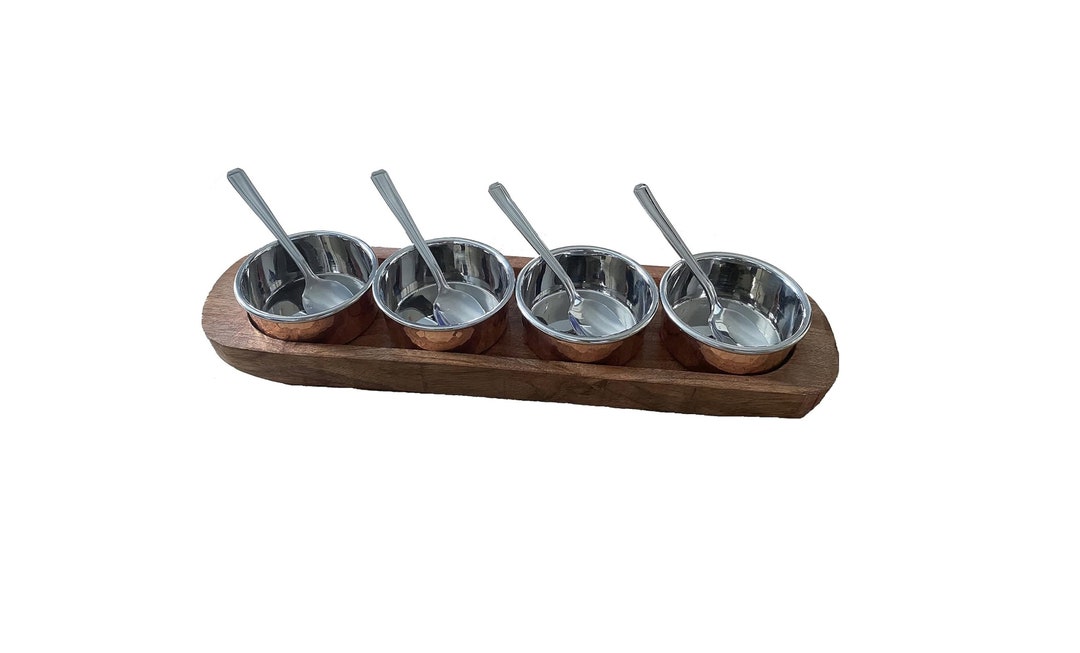 Copper Chutney Tray With Solid Wood Base Stainless Steel Copper 4 Pot ...