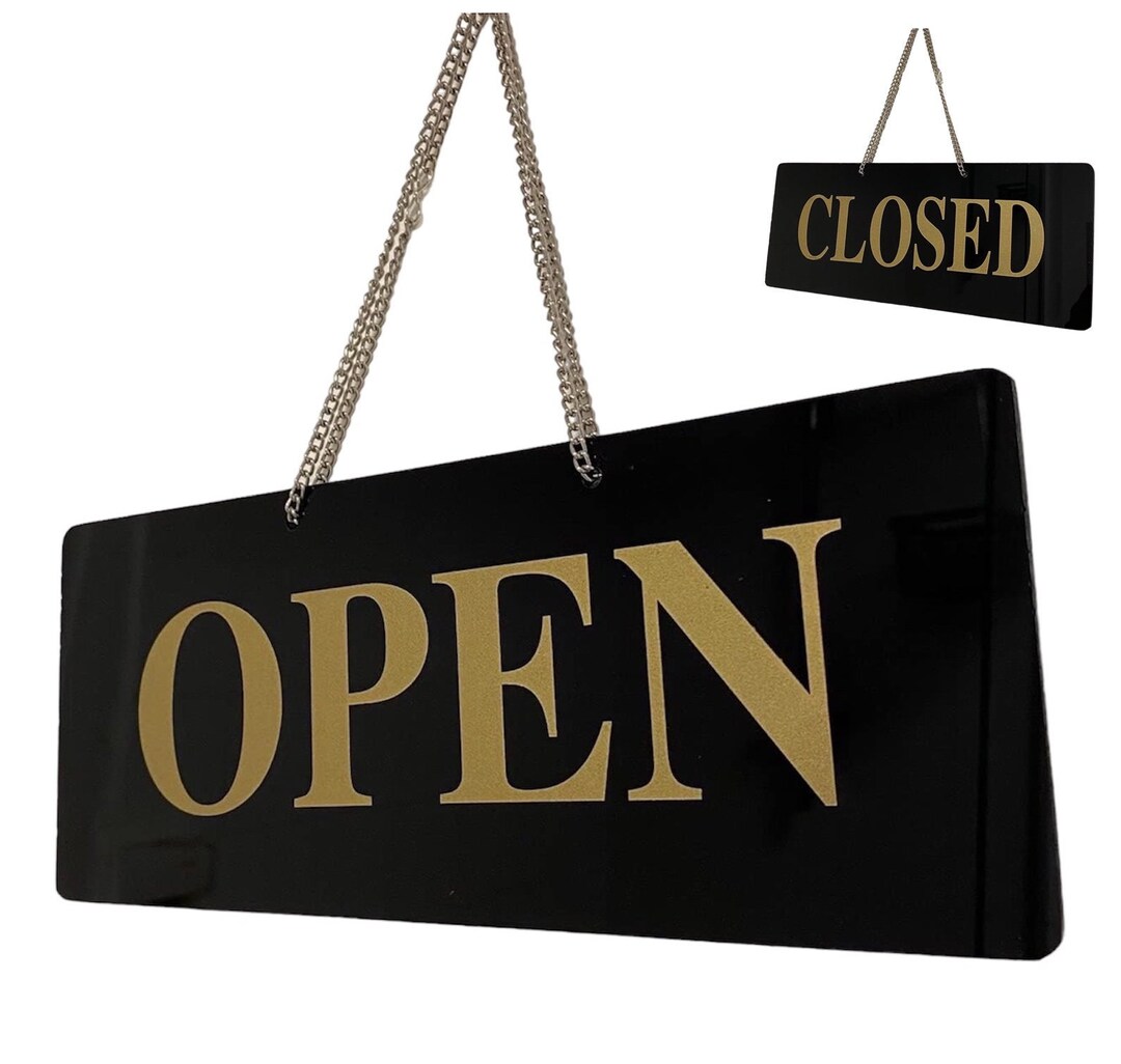 Open Closed Door Sign With Chain & Suction Rigid 3mm Black Silver Gold ...