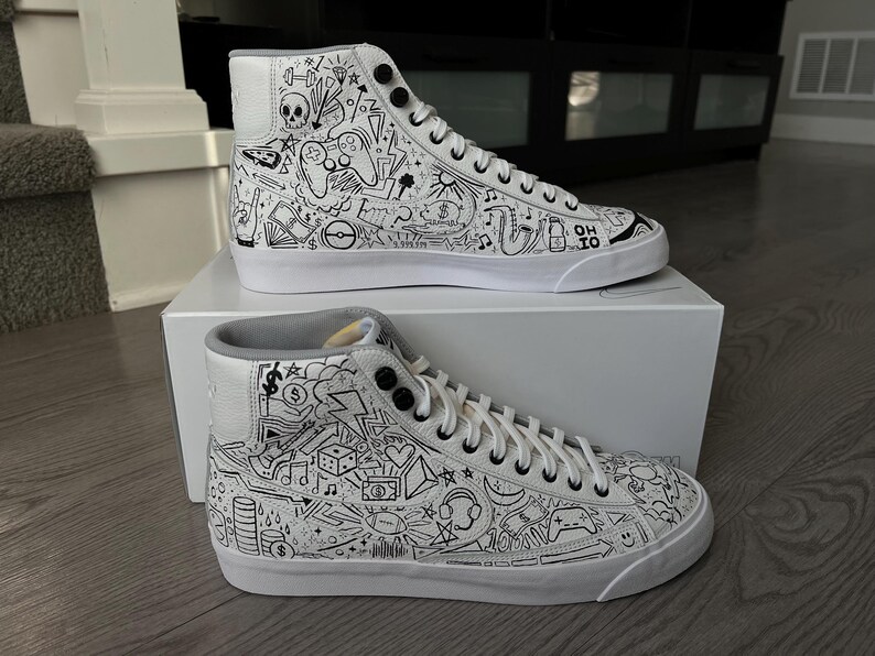 Hand Painted Custom Nike Blazer Sneakers - Black and White Abstract ...