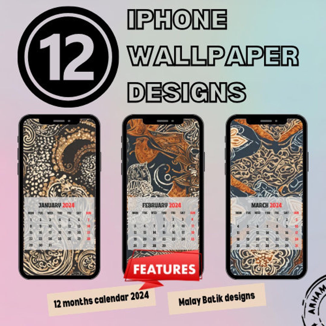 IPhone Wallpaper With Monthly Calendar, iPhone Wallpaper, 12 Pieces ...