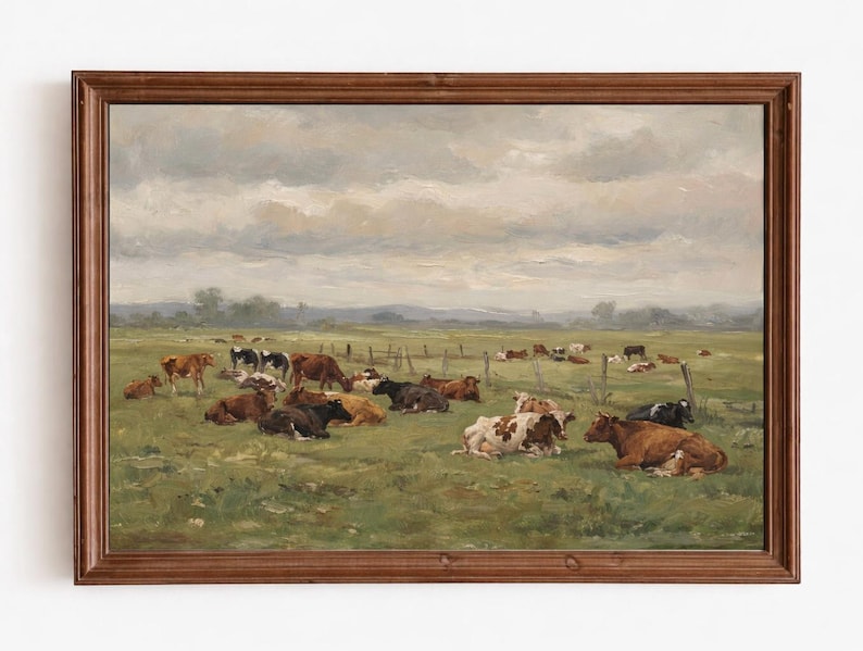 Vintage Cow Painting Wall Art, Rustic Meadow Landscape Print, Farmhouse ...