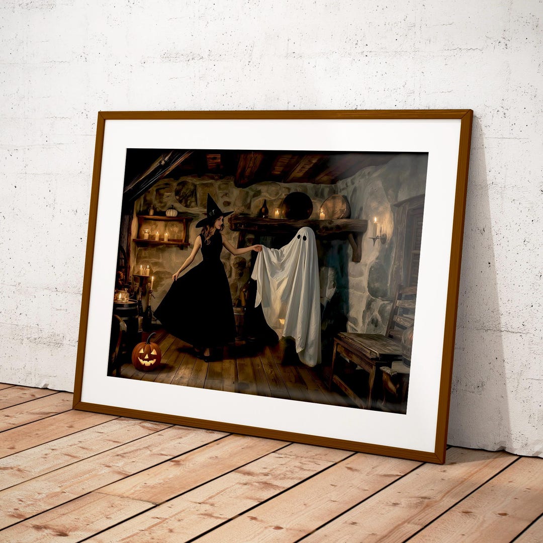 Vintage Halloween Witch & Ghost Print: Spooky Cottagecore Dancing Scene ...