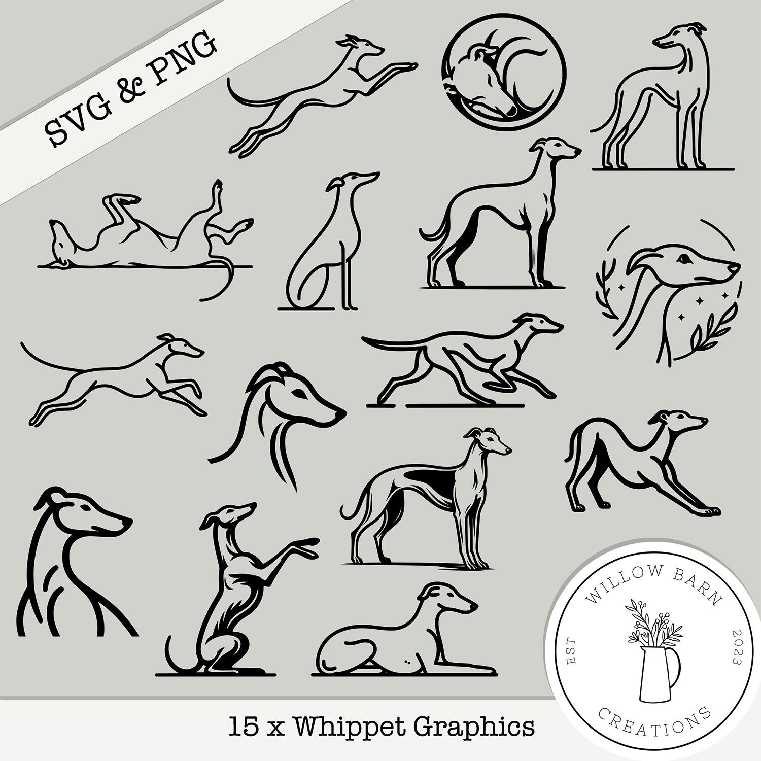 15 X Whippet / Greyhound Dog PNG & SVG Vector Graphics instant Download ...