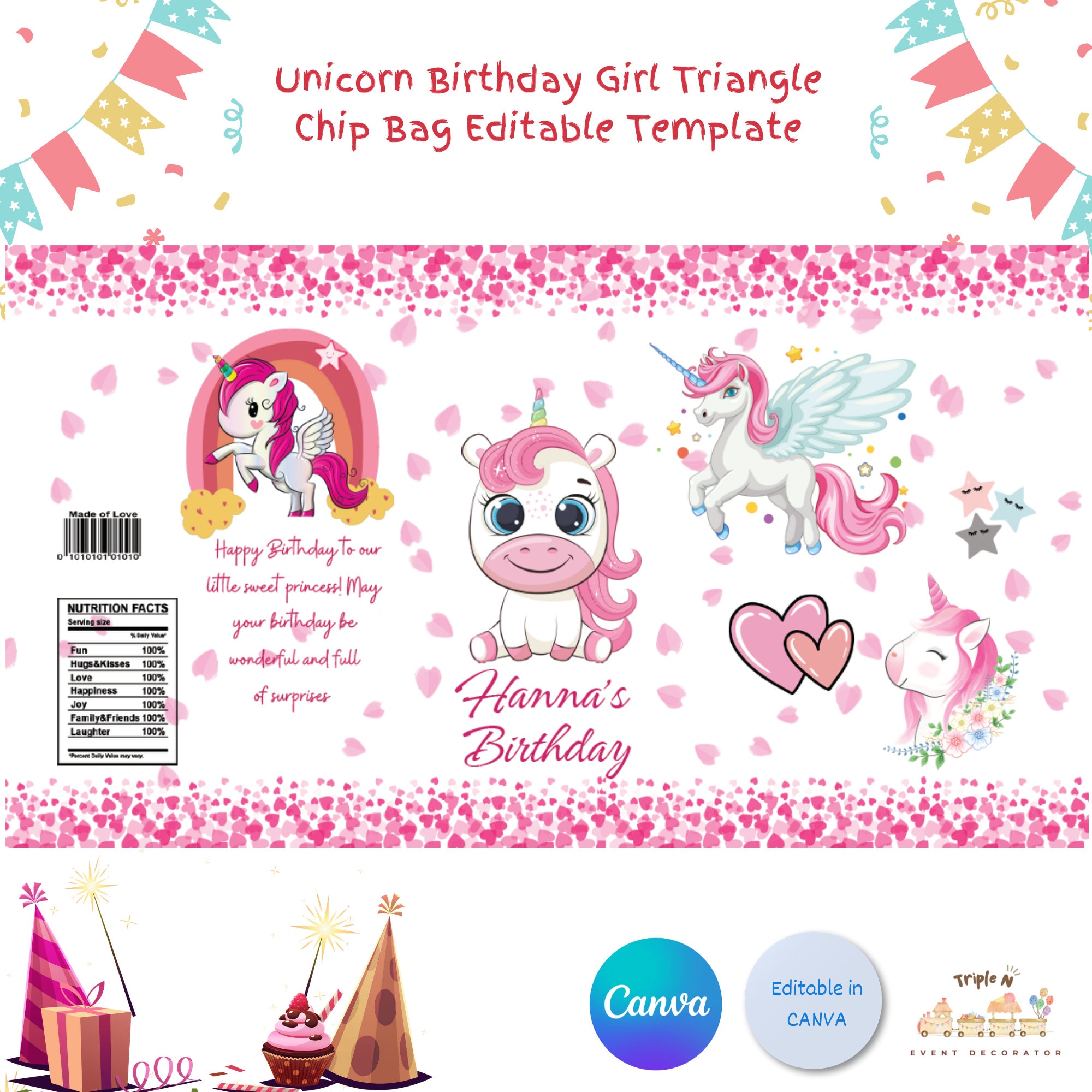 Unicorn Birthday Editable Template Triangle Chip Bag/goodies Bag/gift ...