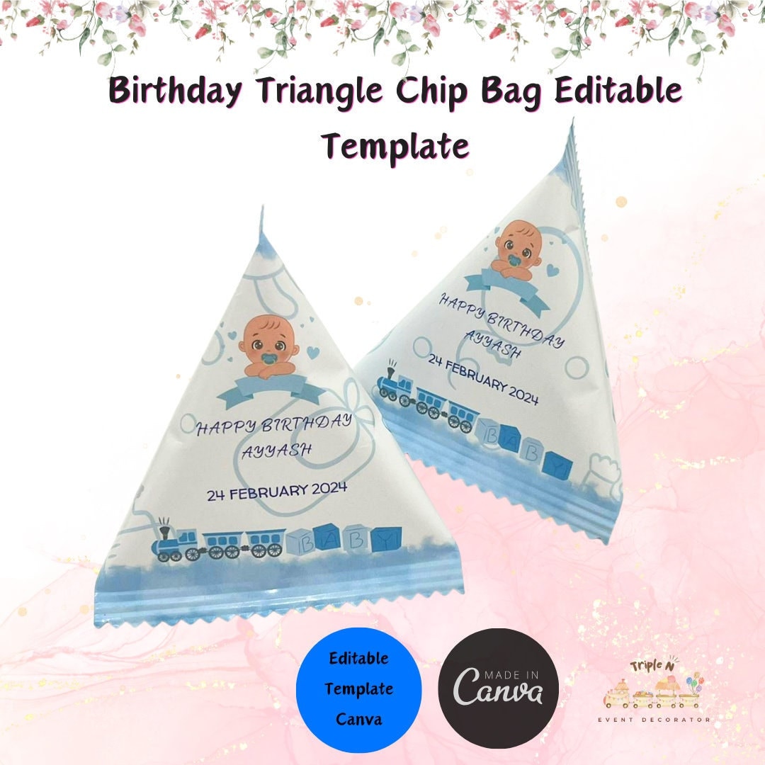 Editable Birthday Triangle Chip Bag Wrapper Template, Snack Cookie ...