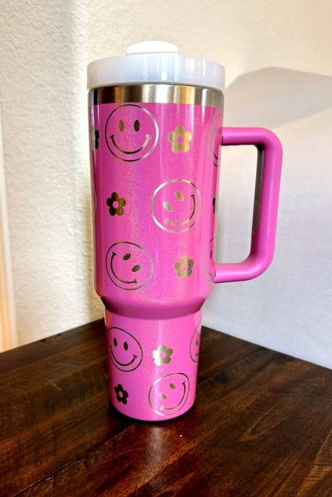 Smiley Face Glitter Tumbler: Laser Engraved Pink & Lilac 40oz Cup - Etsy