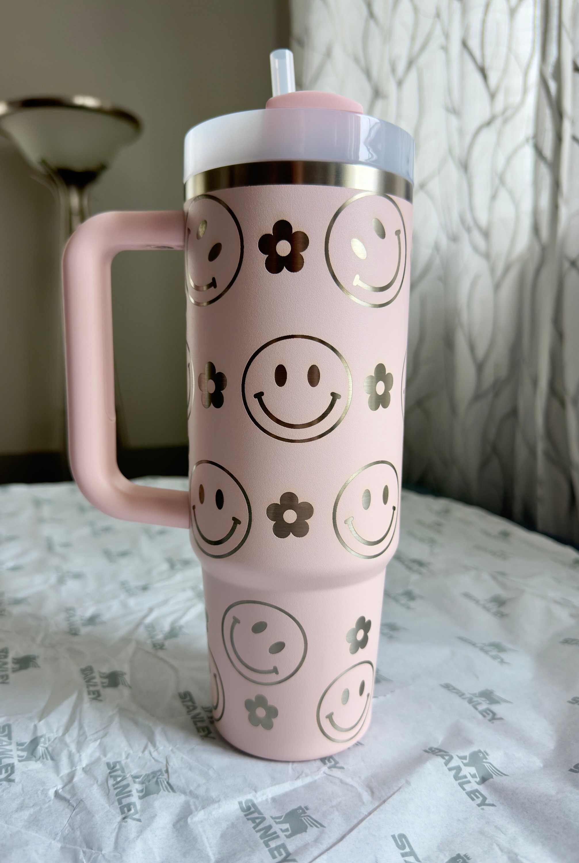 Stanley Smiley Face 30oz Pink Bloom Custom Laser Engraved Authentic ...