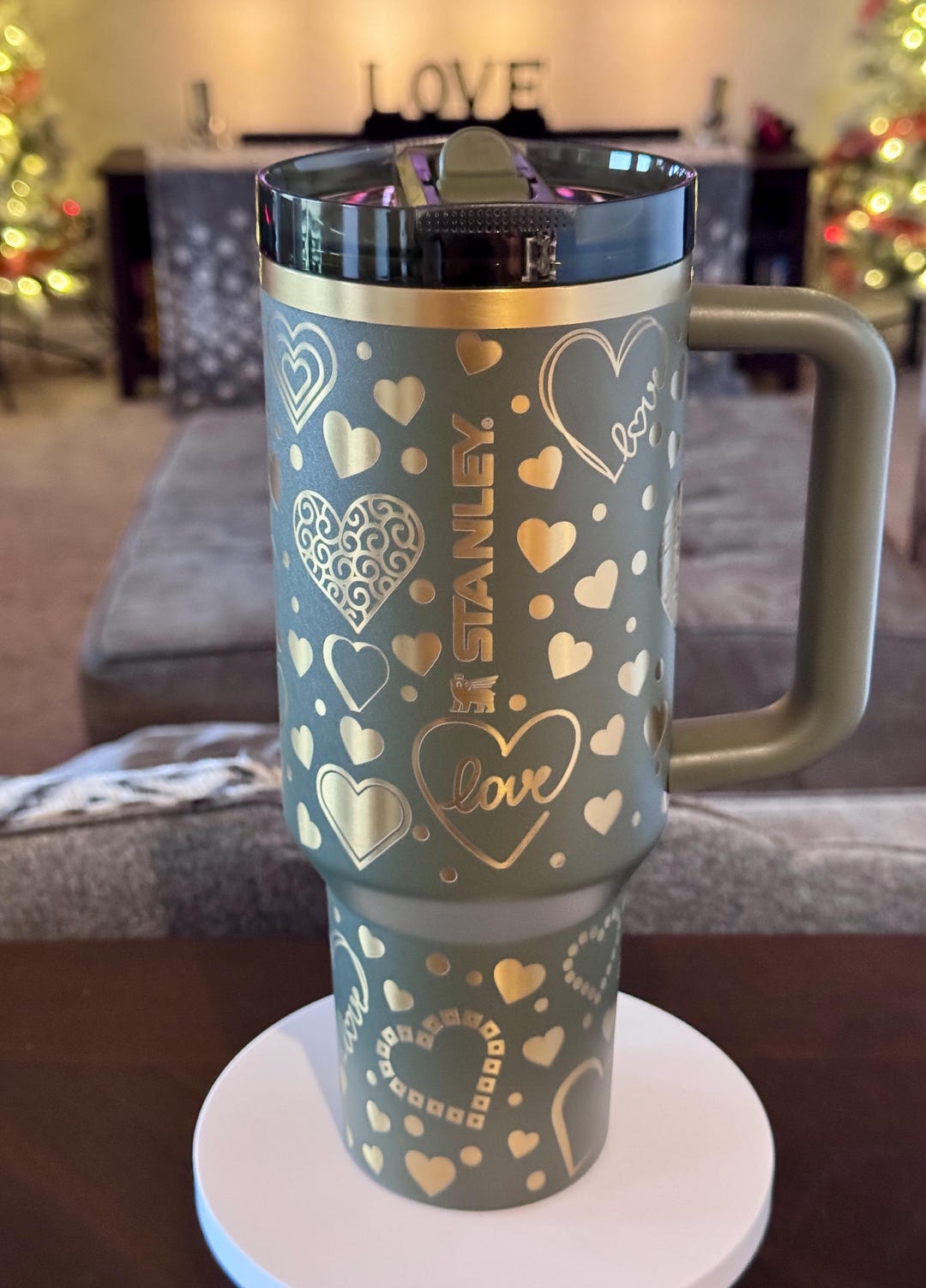 Stanley Hearts Love Gold Cypress Green Tumbler 40oz Custom Laser ...