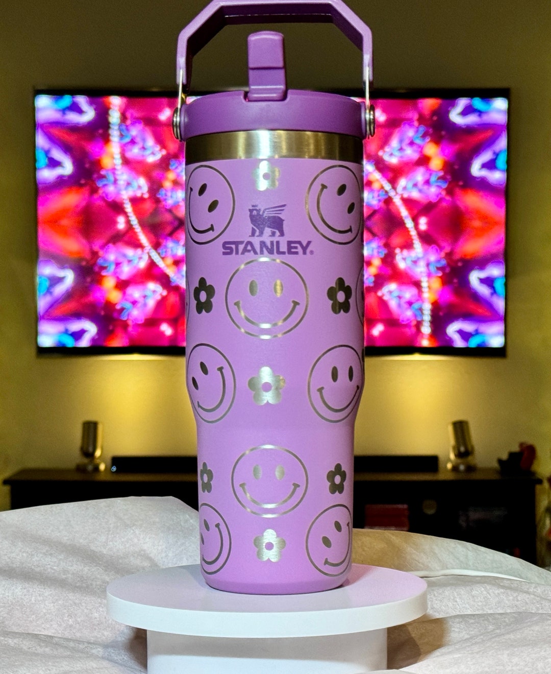 Smiley Face Stanley Flip Straw Lavender Lilac Purple Custom Laser ...