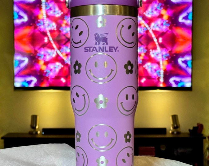 Smiley Face Stanley Flip Straw Lavender Lilac Purple Custom Laser ...