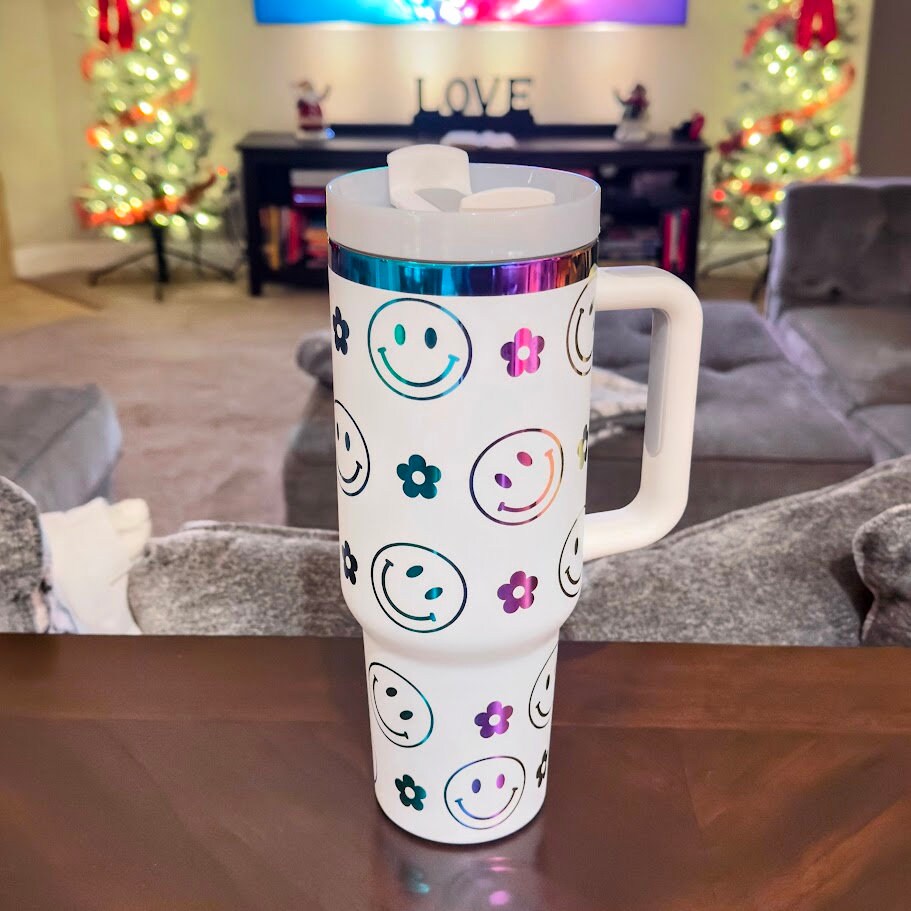 Smiley Face Tumbler Rainbow White Custom Tumbler 40 Oz Preppy Cup Laser ...