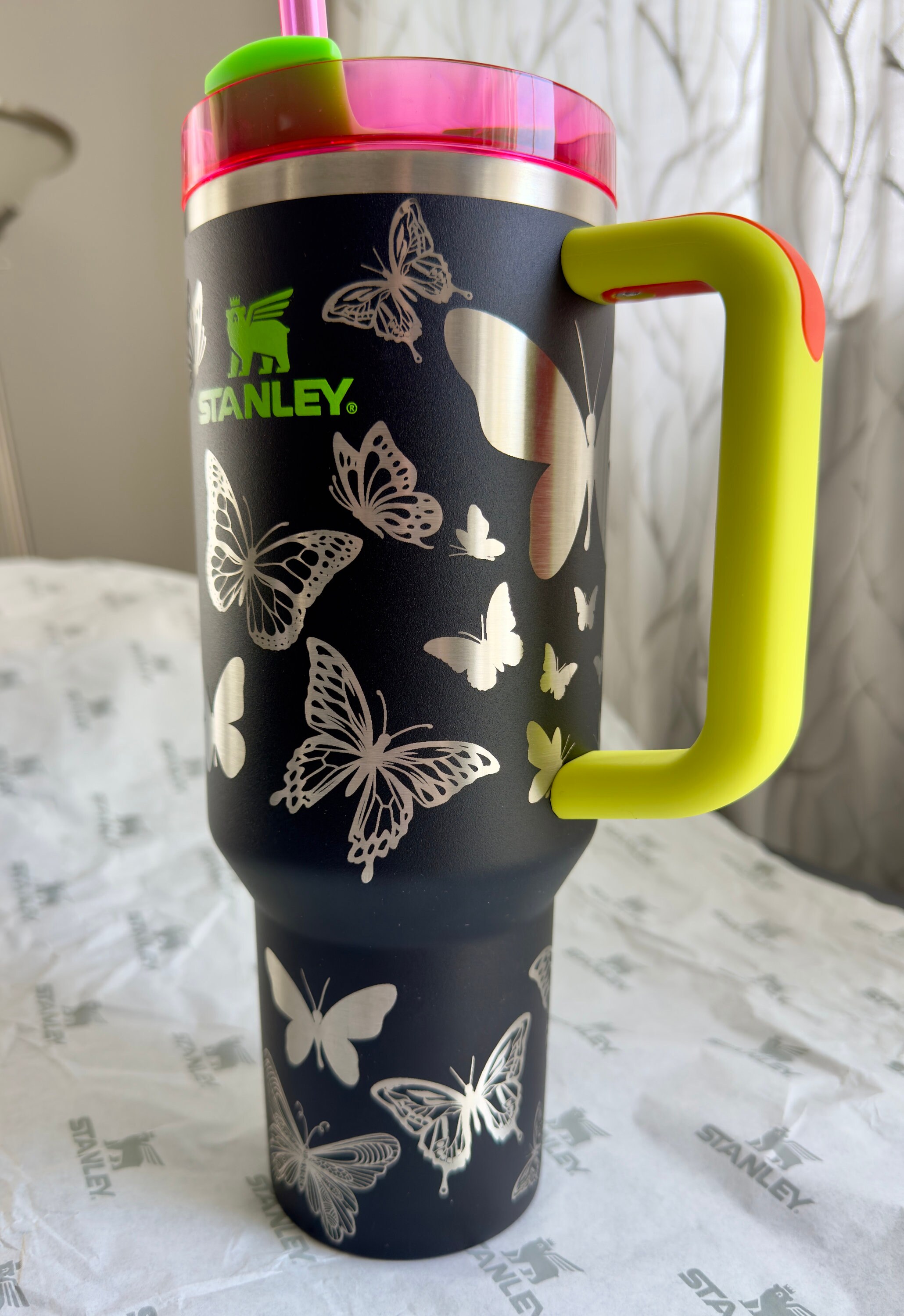 Stanley Butterfly Neon Black Tumbler 40oz Custom Laser Engraved ...