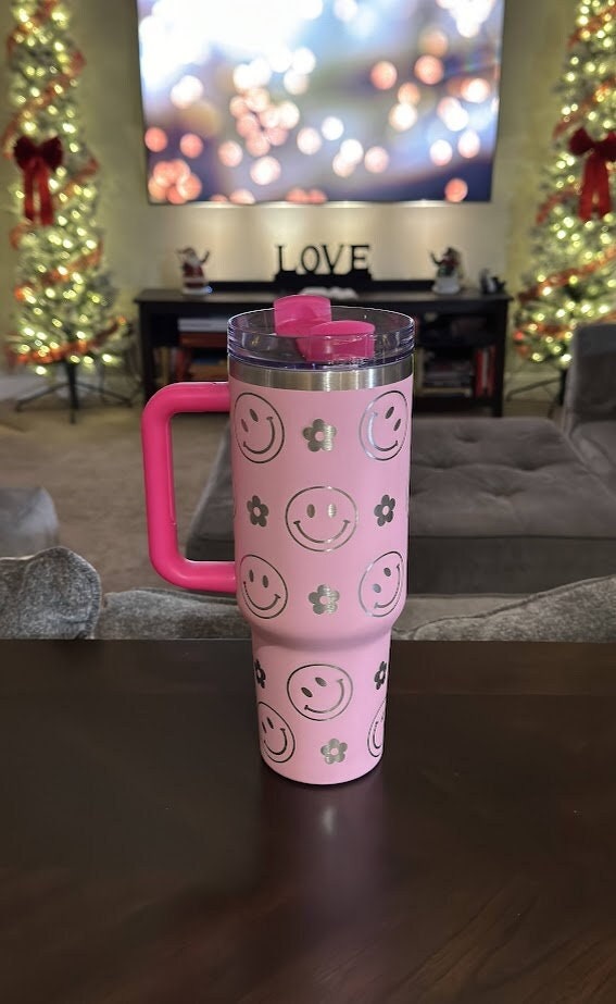 Smiley Face Tumbler Flamingo Pink Hot Pink Custom Tumbler 40 Oz Preppy ...